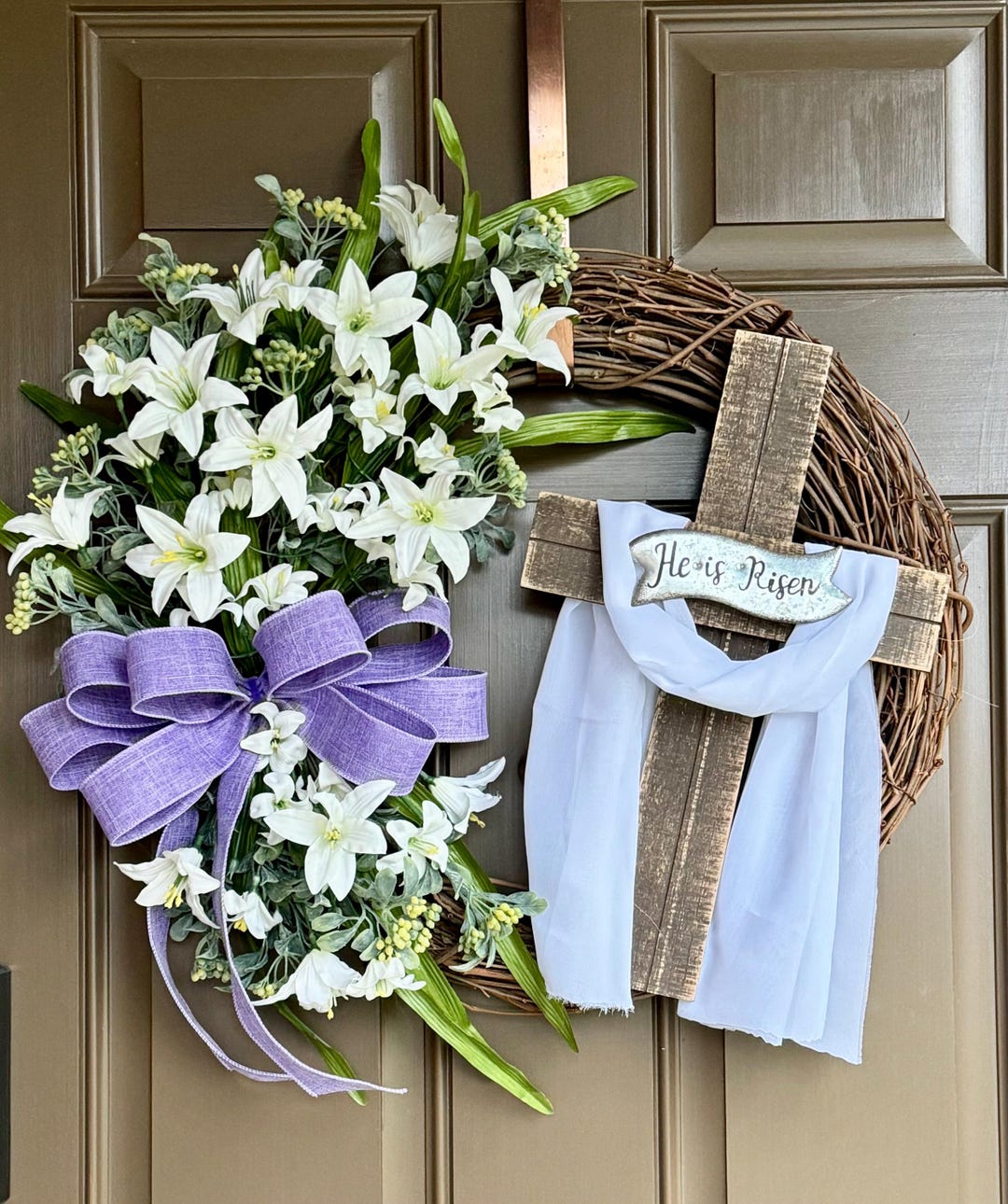 Easter Wreath With Cross - He is Risen Easter Wreath- Rustic Grapevine ...