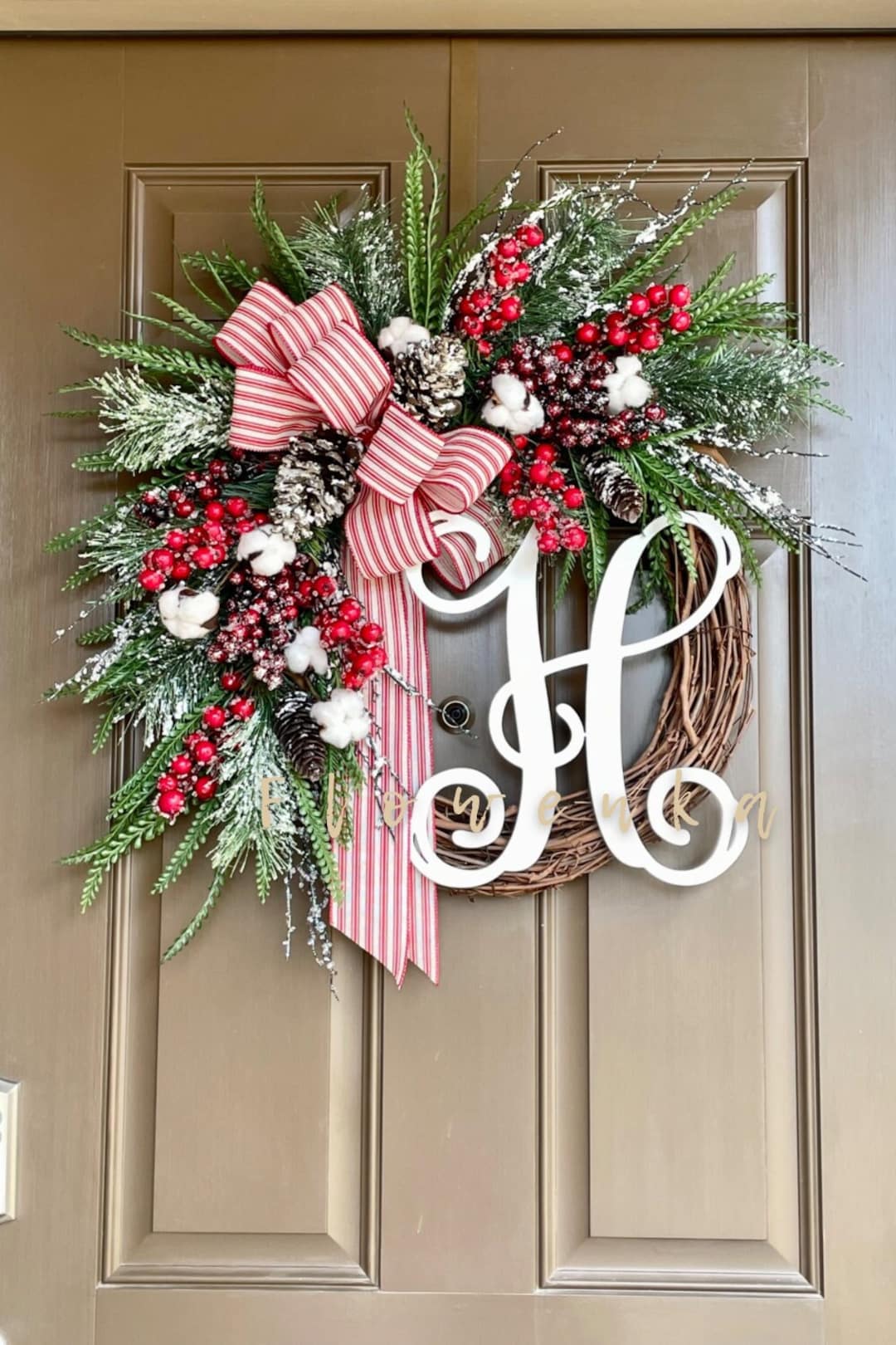Grapevine Christmas Wreath for Front Door With Monogram - Cotton ...