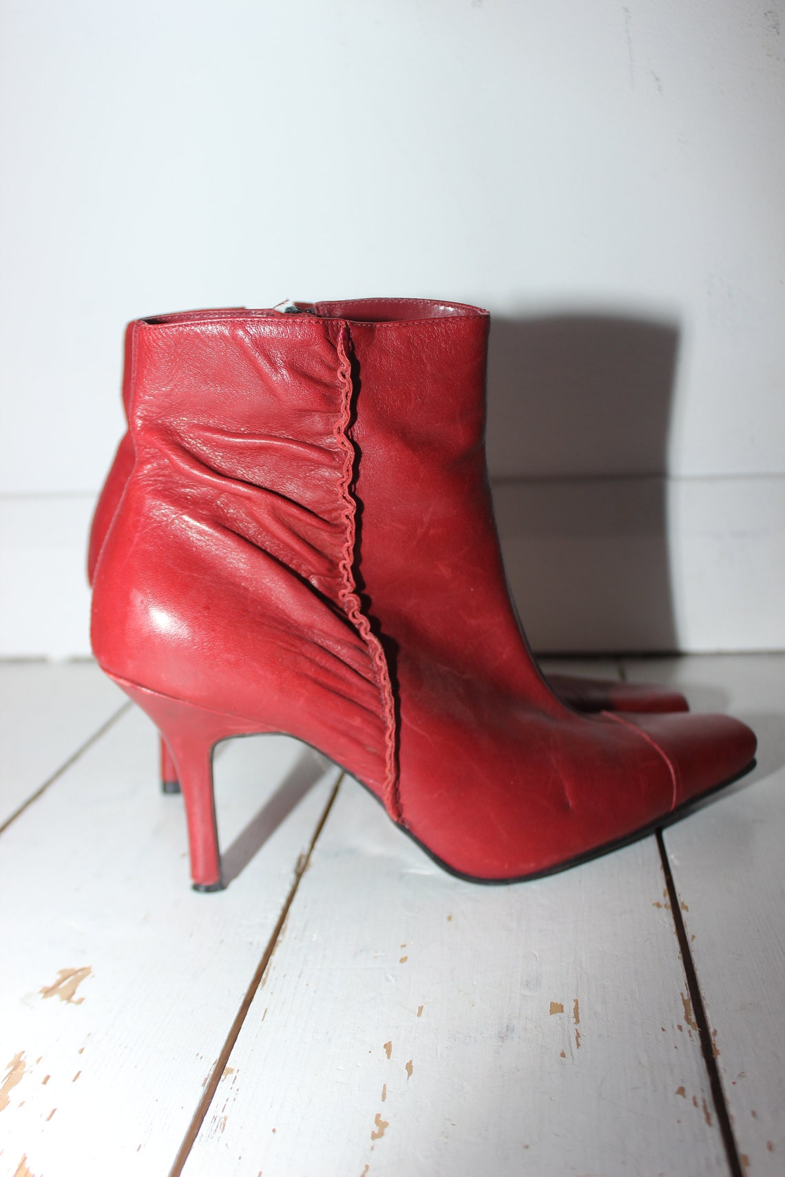 Vintages 1980s 90s Blood Red Real Leather High Heel Pointy Tip Ankle ...