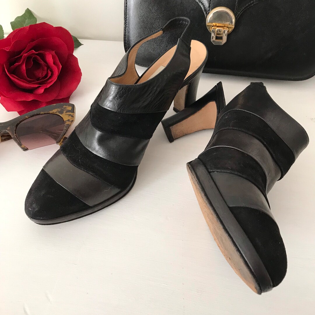 Vintages Black Slingback Pumps, Real Leather and Suede High Heal Shoe ...
