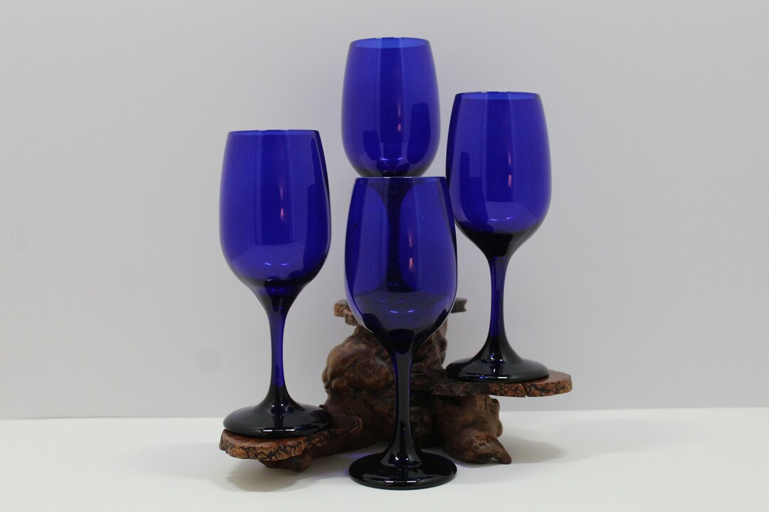 4 Libby Premiere Cobalt Blue White Wine Handblown Glasses 7 1/4" Tall, 1990's Vintage - Etsy