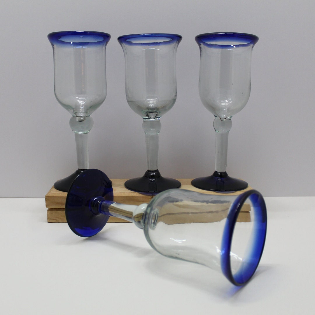 Set of 4 Mexican Handblown Glass Wine Water Goblets 8 3/4 Tall, Clear ...