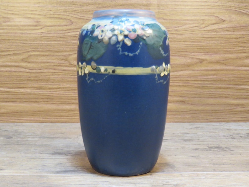 Antique Weller Hudson Pottery, 7.5" Tall Blue Floral Hand Painted Vase ...