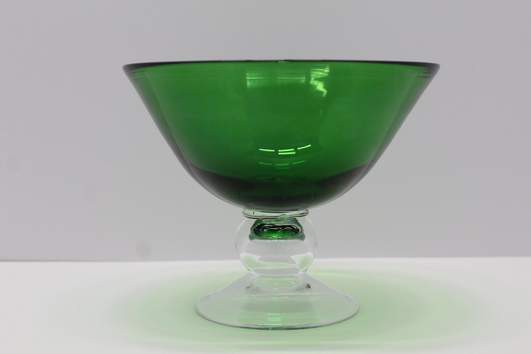 Green Handblown Glass Compote Pedestal Bowl With Clear Footed Base ...