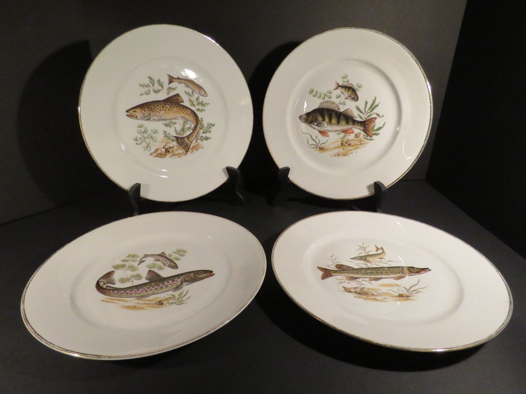 Set of 4 JKW Rosenthal Gold Rim Fish Plates, Selb Bavaria, Josef Kuba ...