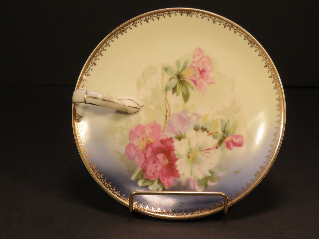 Antique German Nappy, Handled Dish Hand Painted Pink, White and Green ...