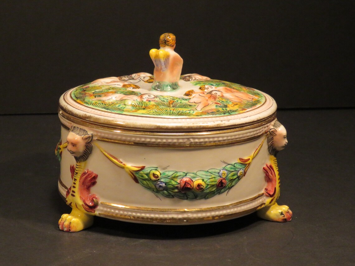 Capodimonte Italy Footed Trinket Box With Angel Cherub Babies - Etsy