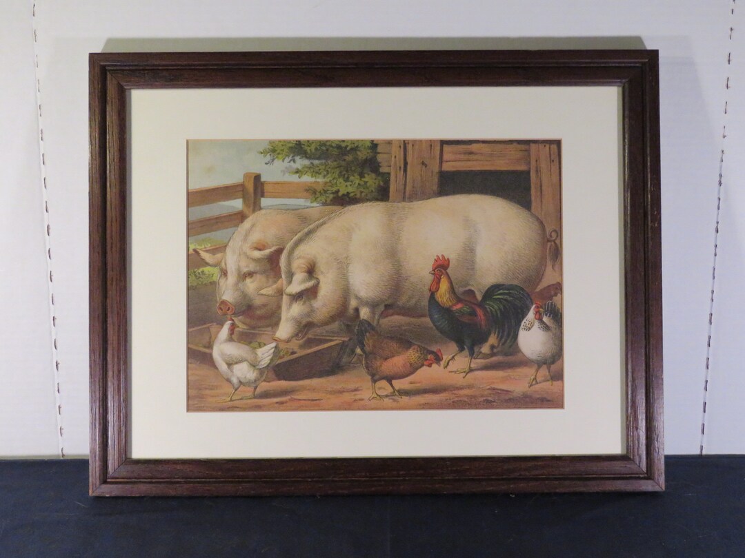 Framed Antique Lithograph Print Called pig Chickens Rooster Barnyard ...