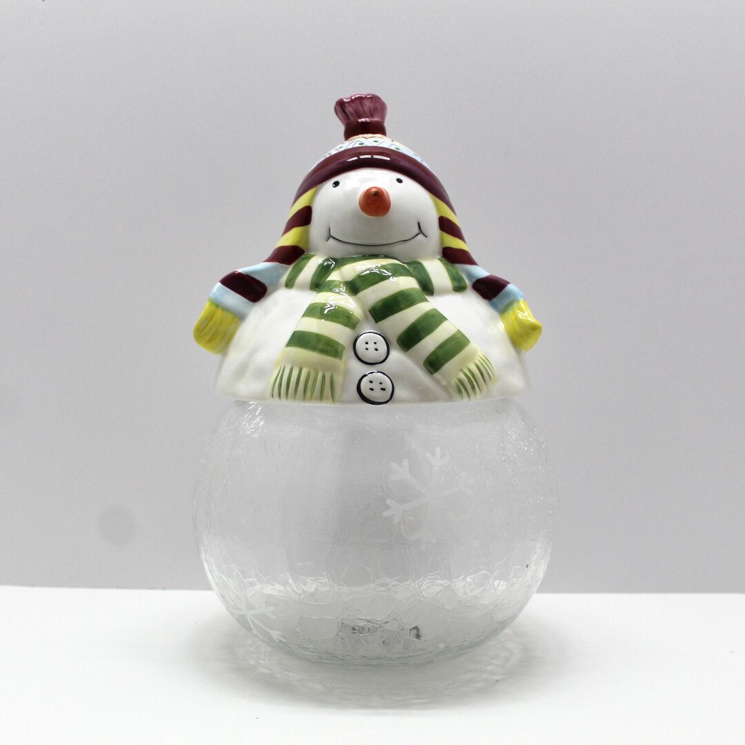 Oneida Snowmates Glass Bottom Cookie Jar, Hand Painted Earthenware ...