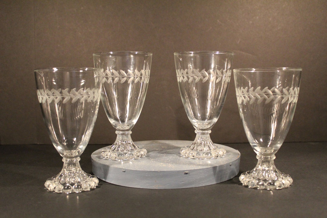 4 Berwick Boopie Water Goblets, Anchor Hocking Laurel Etched 5 3/8" Tall Glassware, 1950-1970 ...
