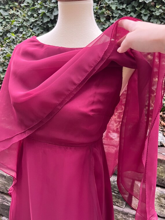 1970s flutter cape formal gown, 70s vintage burgundy … - Gem