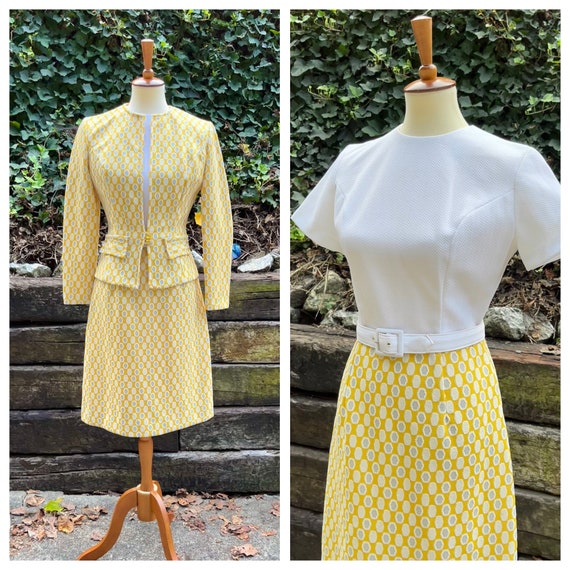 1970s yellow & white dress and jacket set, 70s vintag… - Gem