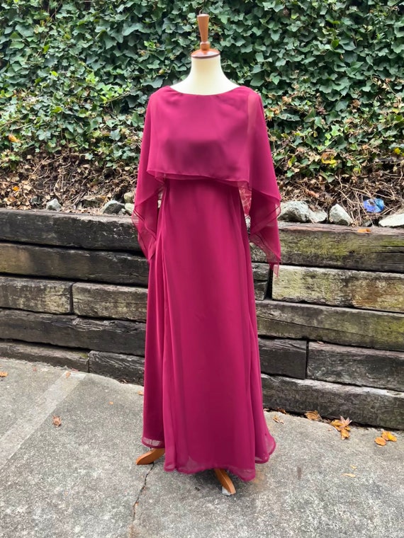 1970s flutter cape formal gown, 70s vintage burgundy … - Gem