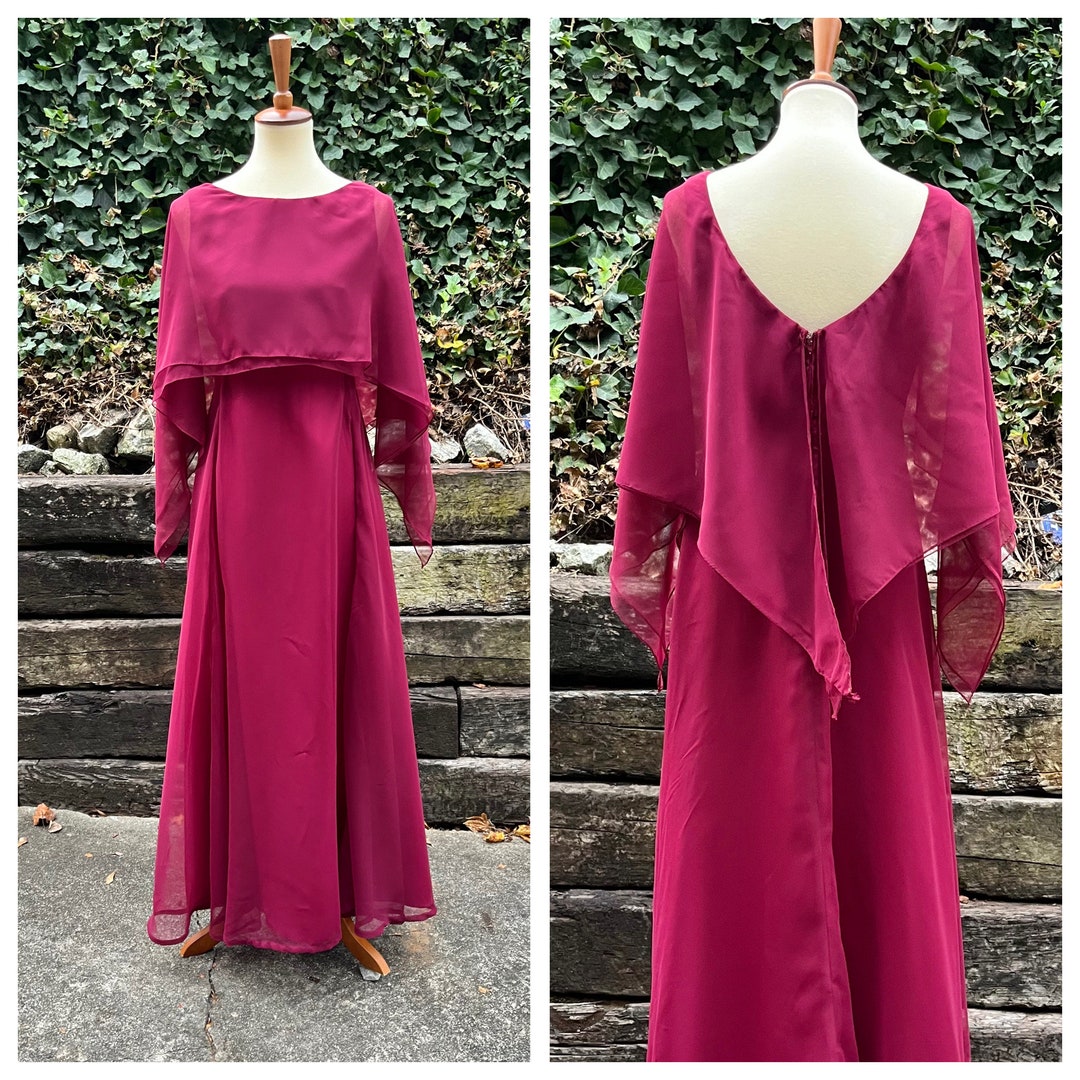 1970s Flutter Cape Formal Gown, 70s Vintage Burgundy Angel Sleeve ...