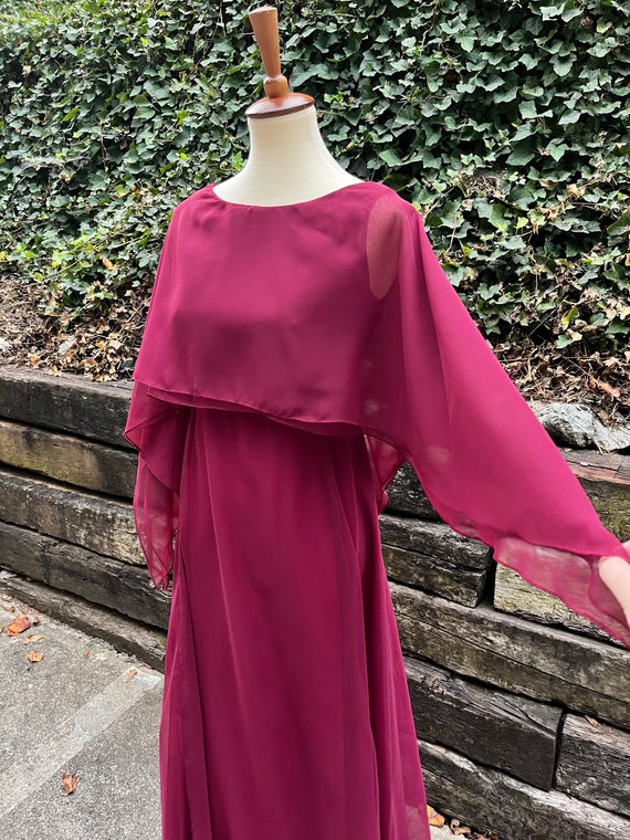 1970s flutter cape formal gown, 70s vintage burgundy … - Gem