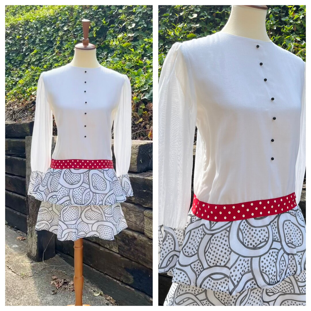 1960s Dropped Waist Ruffle Mini Dress, 60s Vintage Polka Dot Flapper ...