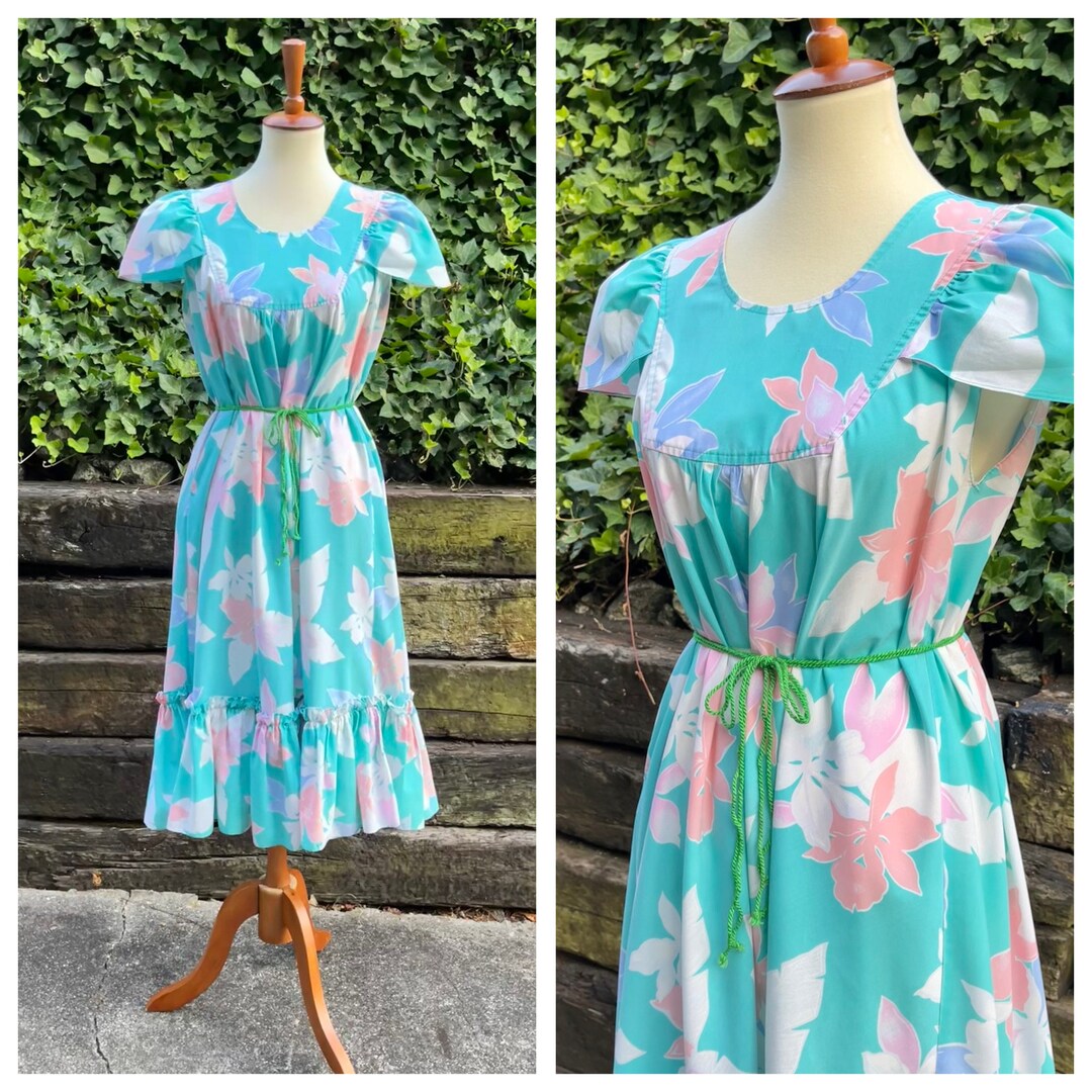 1980s Teal Blue Floral Housedress, 80s Vintage Pink Flower Ruffle Hem ...