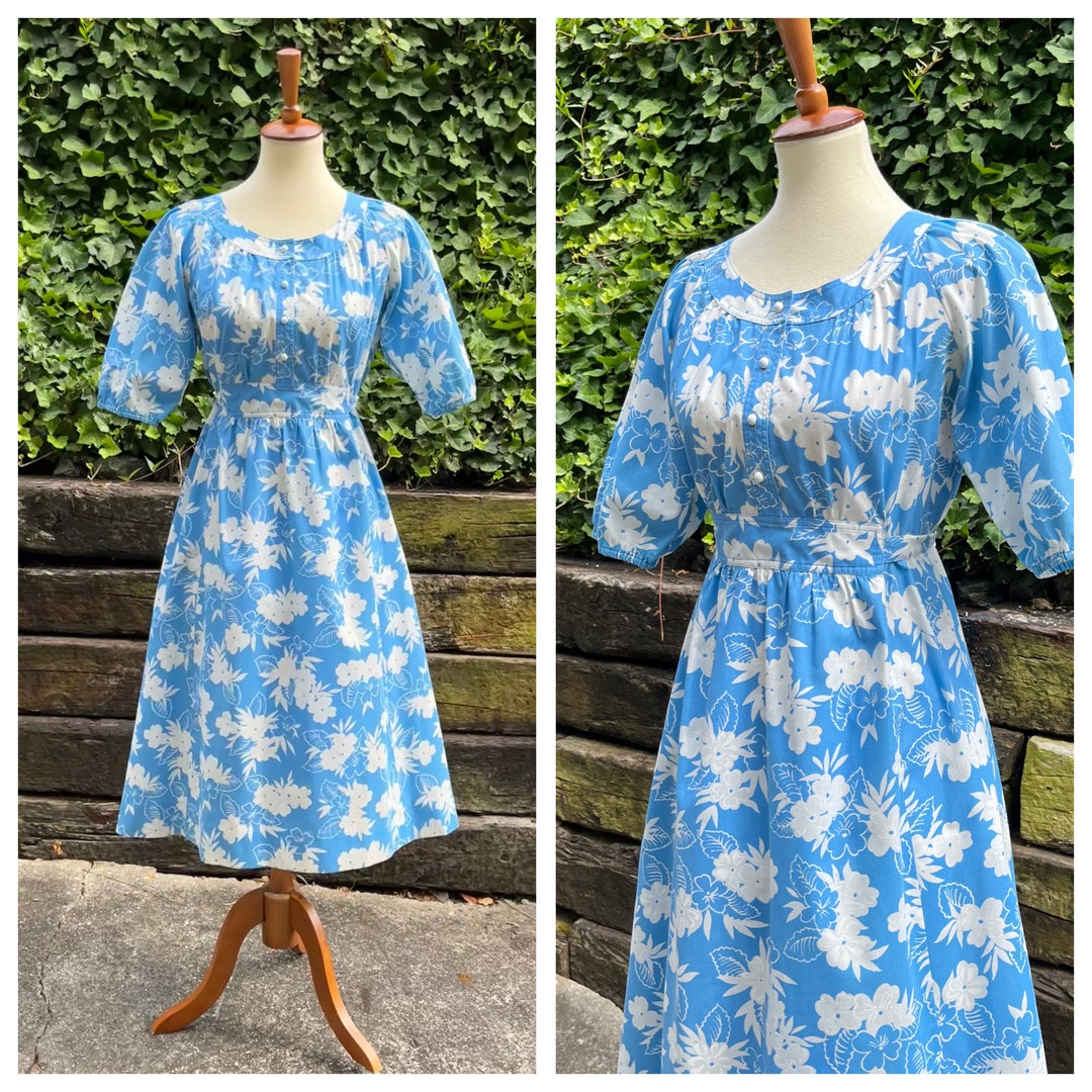 1980s Blue Floral Sundress With Pockets, 80s Vintage Puff Sleeve Button ...
