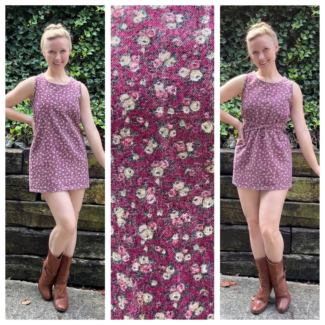 1990s Burgundy Floral Corduroy Mini Dress, 90s Vintage Micro Shift ...