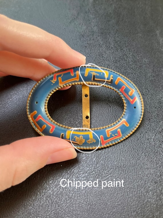 1930s navy blue oval metal slide belt buckle, 30s vin… - Gem