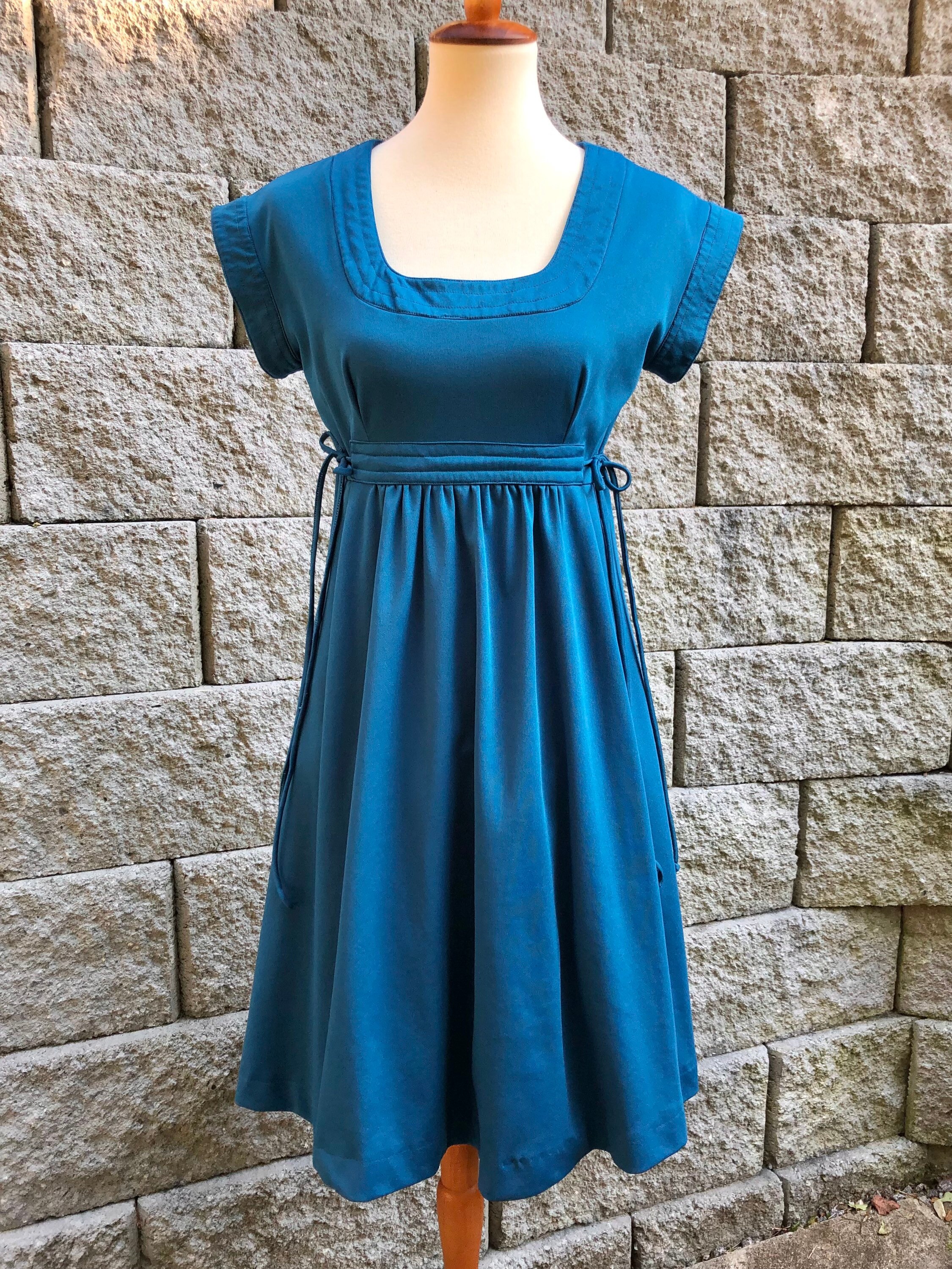 1970s Teal Blue Day Dress With Side Ties 70s Vintage Square - Etsy