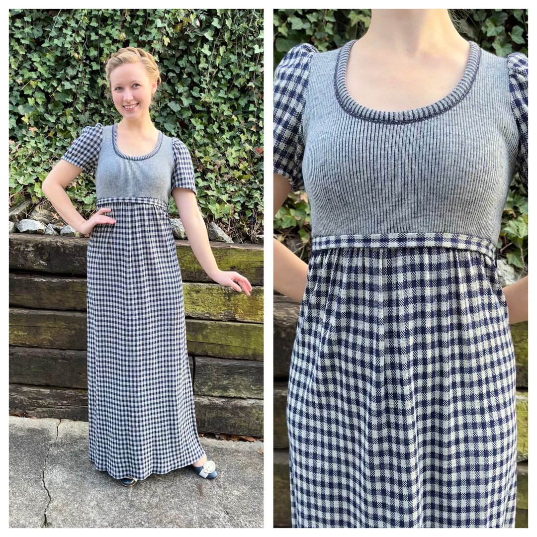 1970s Hubba Hubba Navy Blue Gingham Maxi Dress, 70s Vintage Gray Check ...