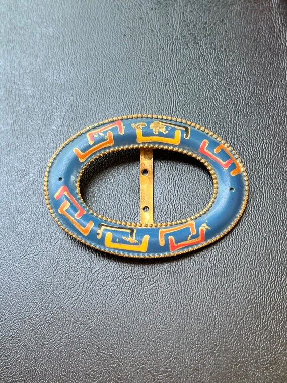 1930s navy blue oval metal slide belt buckle, 30s vin… - Gem