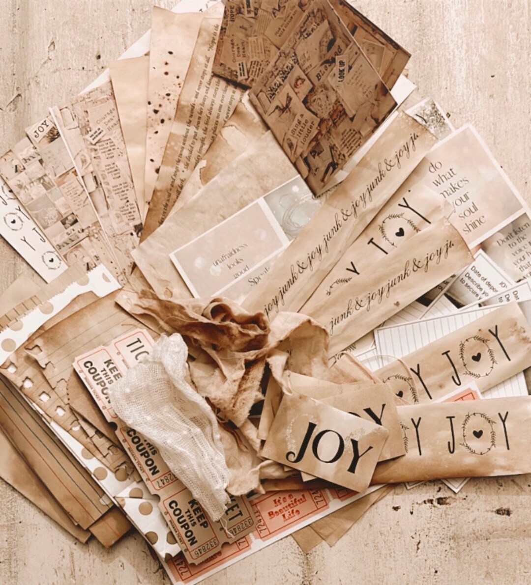 Junk and Joy Ephemera Paper Bundle, Tea Stained Paper, Journal Cards ...