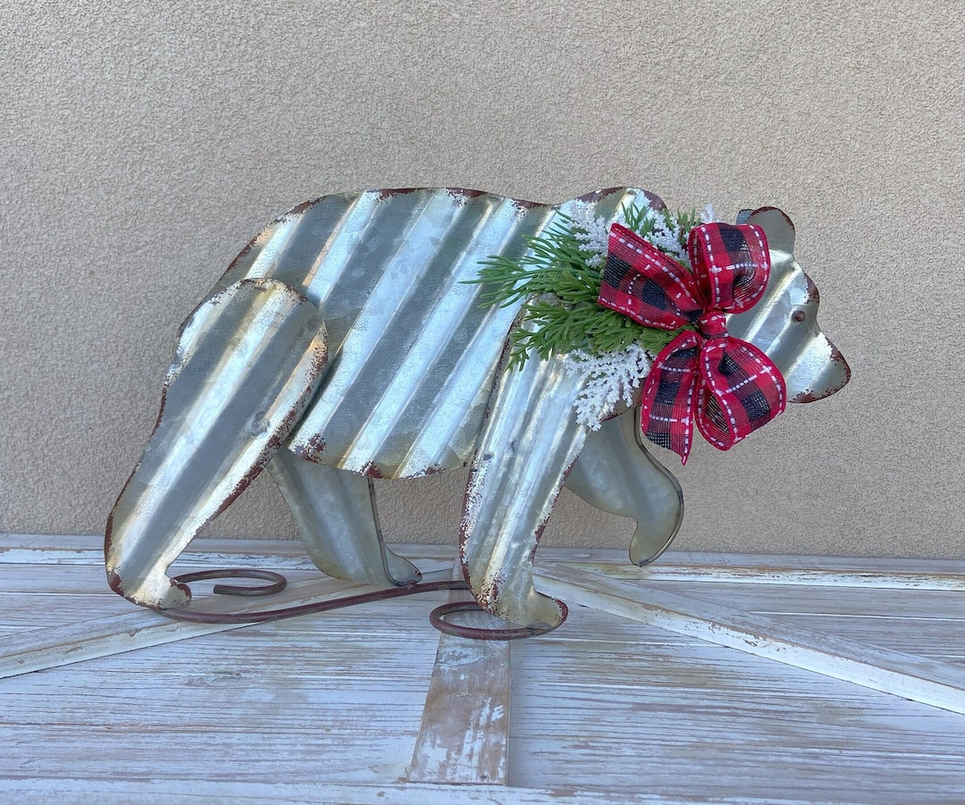 Bear Figurine Galvanized Metal Sculpture Bear Statue Cabin Decor ...