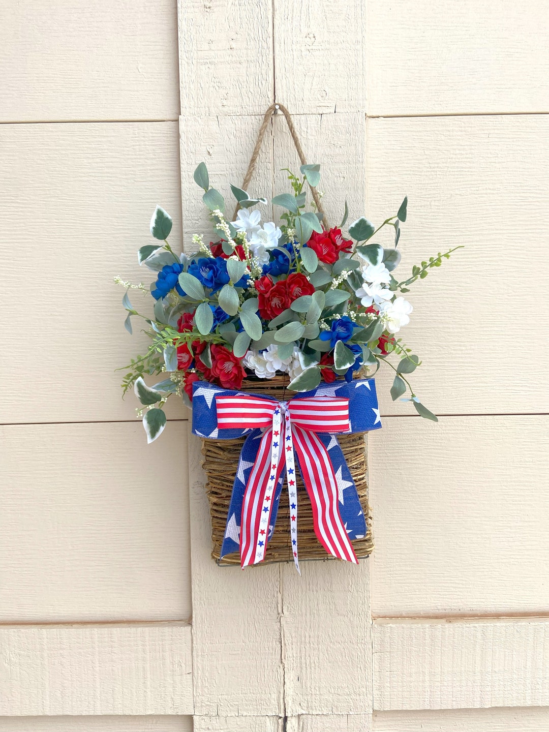 Patriotic Front Door Basket July 4th Wreath Red White Blue Floral ...