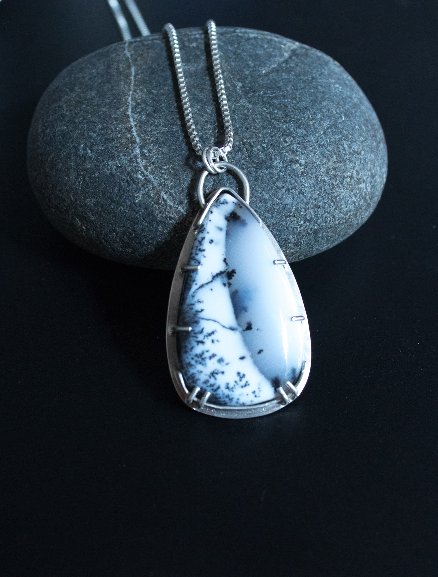 Falling Snow Pendent Dendritic Agate and Sterling Silver Teardrop ...