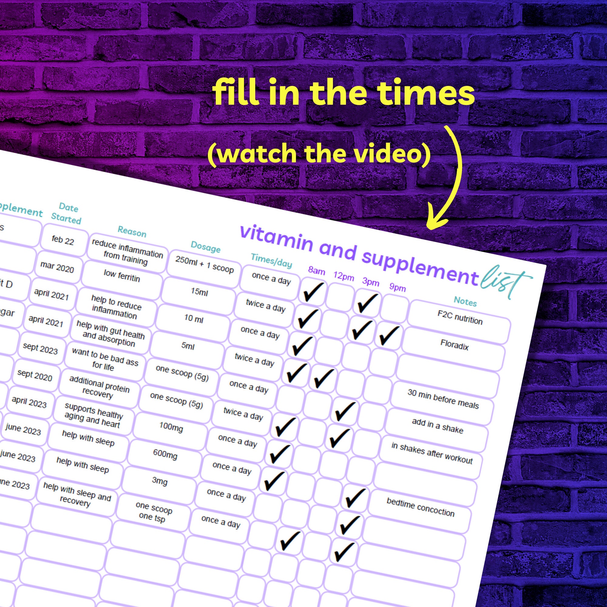 Cyclists Vitamin and Supplement Tracker, Athlete Vitamin Log, Vitamin ...