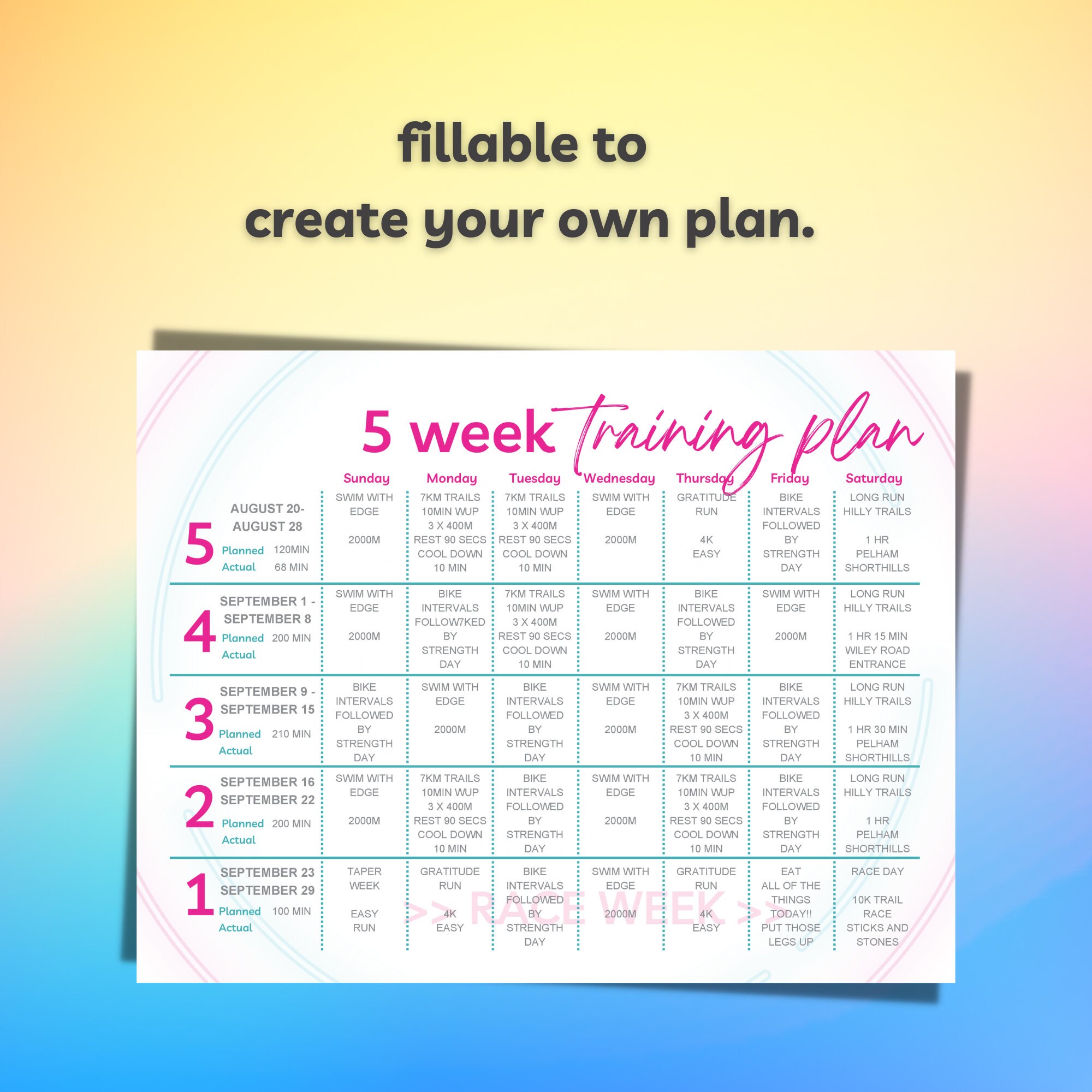 5-week Training Plan Schedule 5k 8k 10k Half Marathon - Etsy