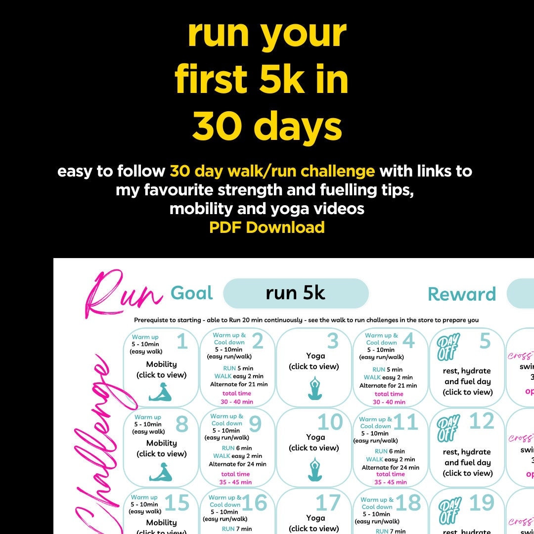 Run My First 5K in 30 Days, 5K Run 30 Day Challenge Printable, 5k Run for Beginners, Easy 5K Run ...