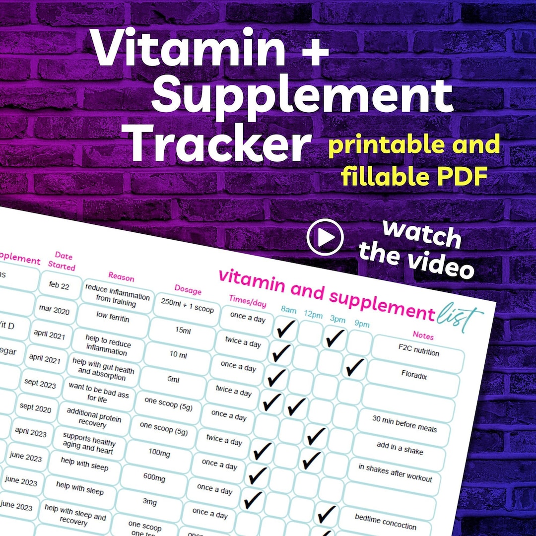 Daily Vitamin and Supplement Tracker, Vitamin List Fillable PDF ...