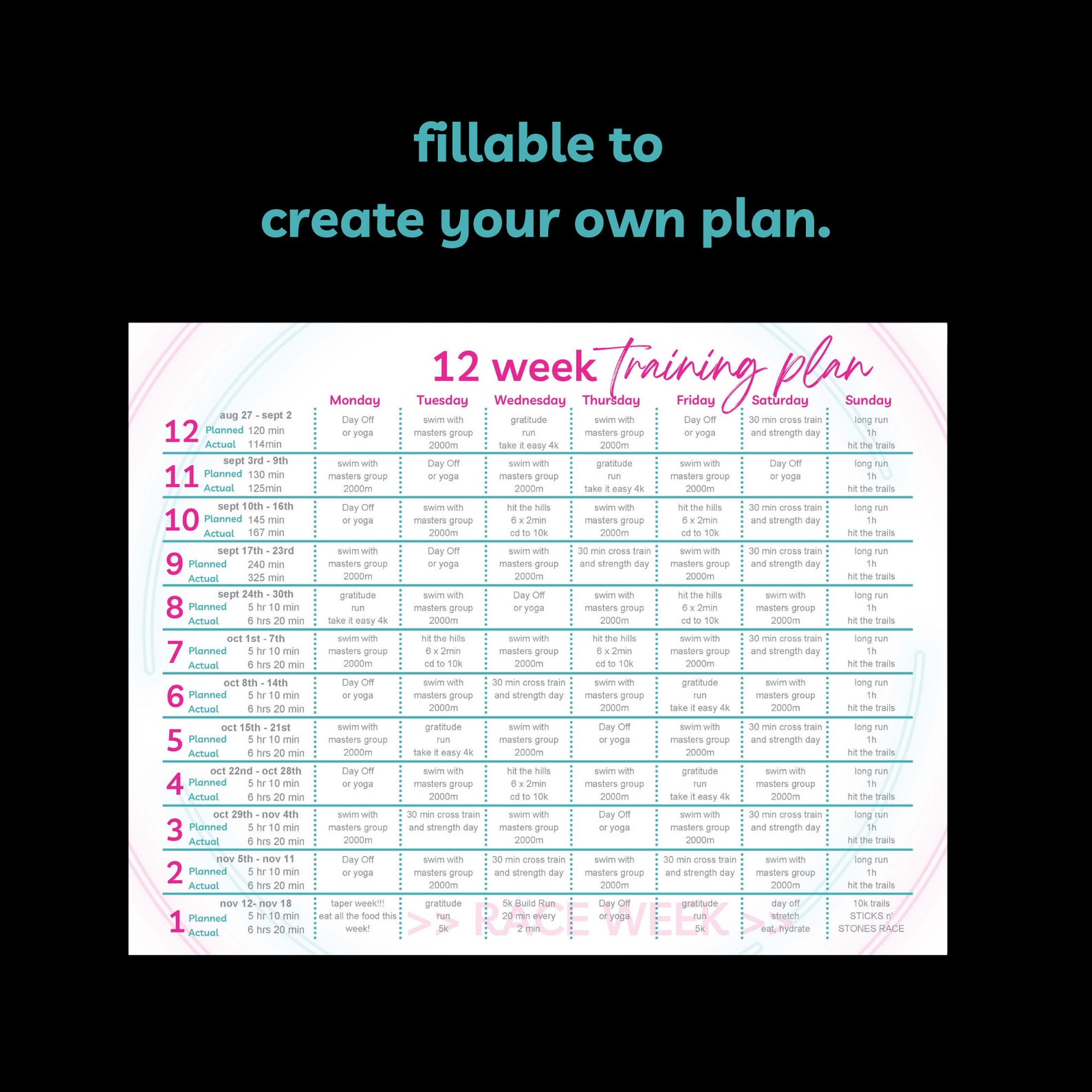 12-week Training Plan Template, Self Coached Athlete, Endurance Race ...