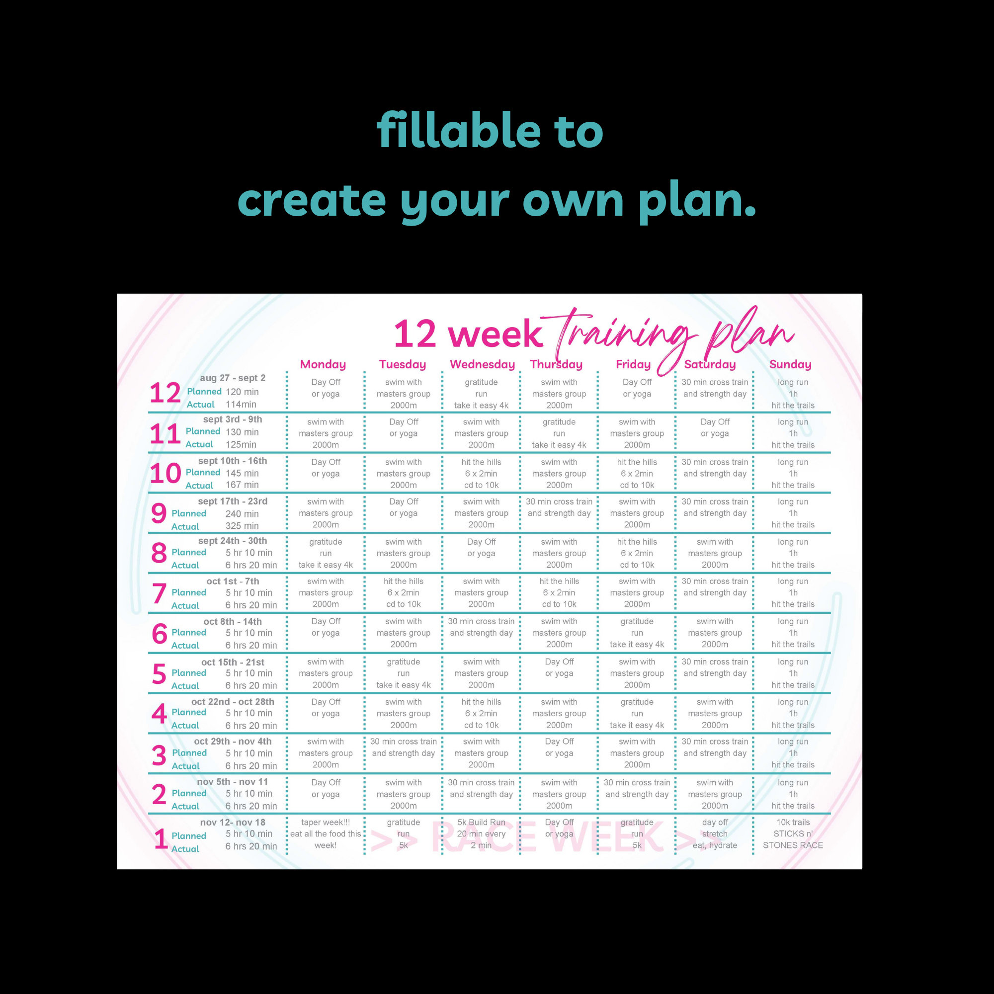12-week Training Plan Template, Self Coached Athlete, Endurance Race ...