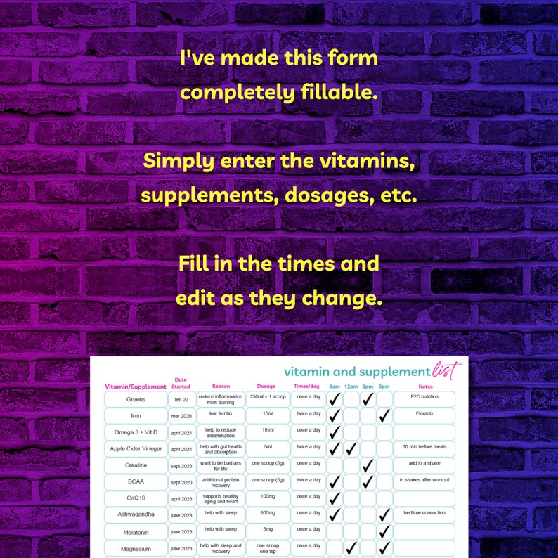 Vitamin and Supplement Tracker, Fillable PDF - Etsy
