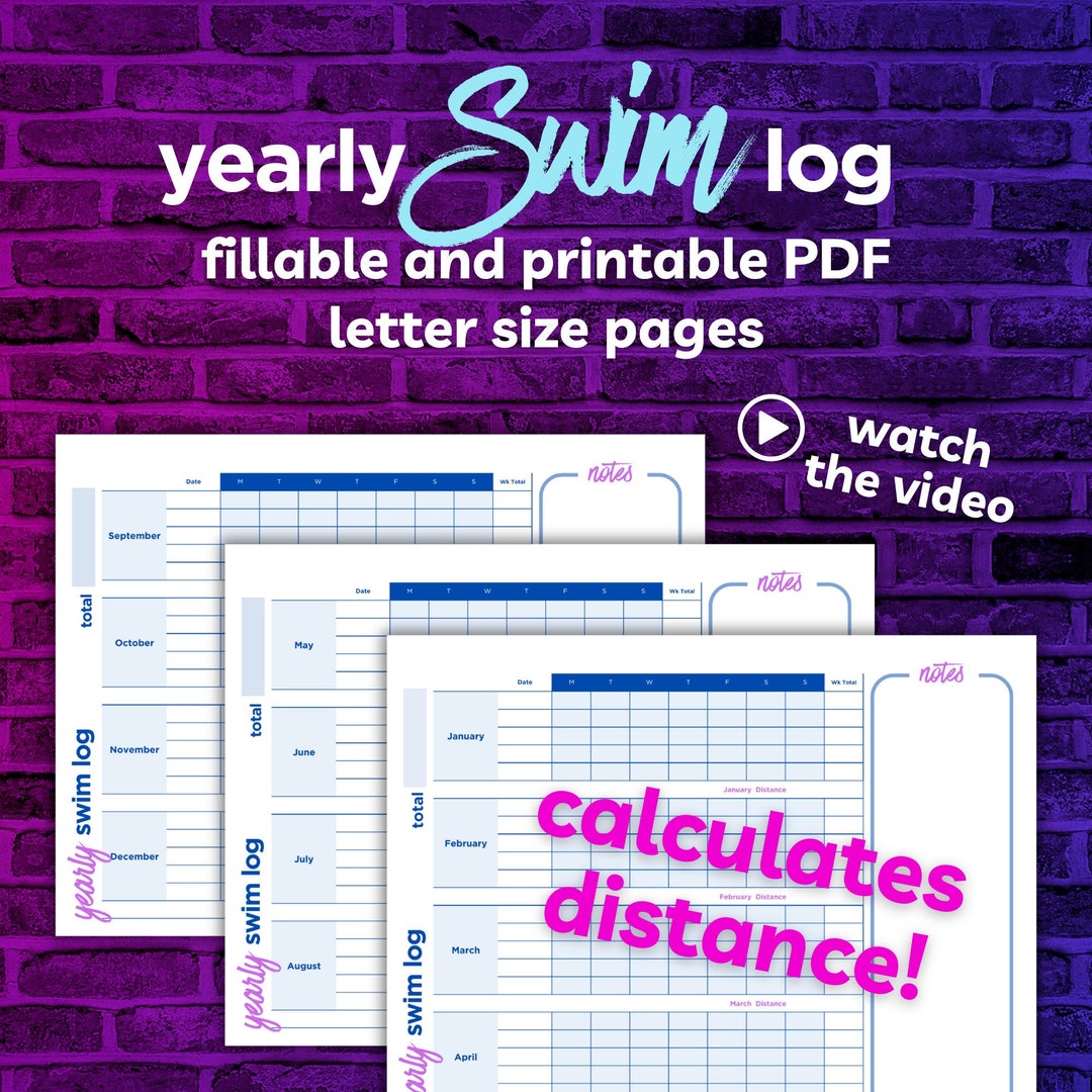 Yearly Swim Log, Endurance Swim Tracker, Swim Mileage for a Year ...