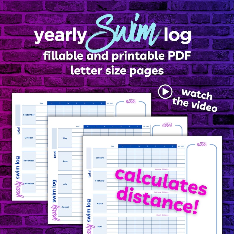 Yearly Swim Log, Endurance Swim Tracker, Swim Mileage for a Year ...