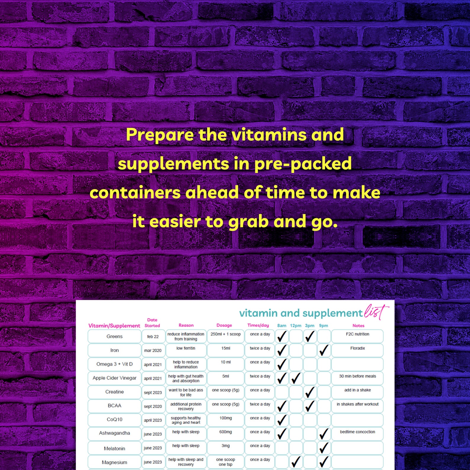 Runners Vitamin and Supplement Tracker, Fillable PDF, Vitamin Log ...