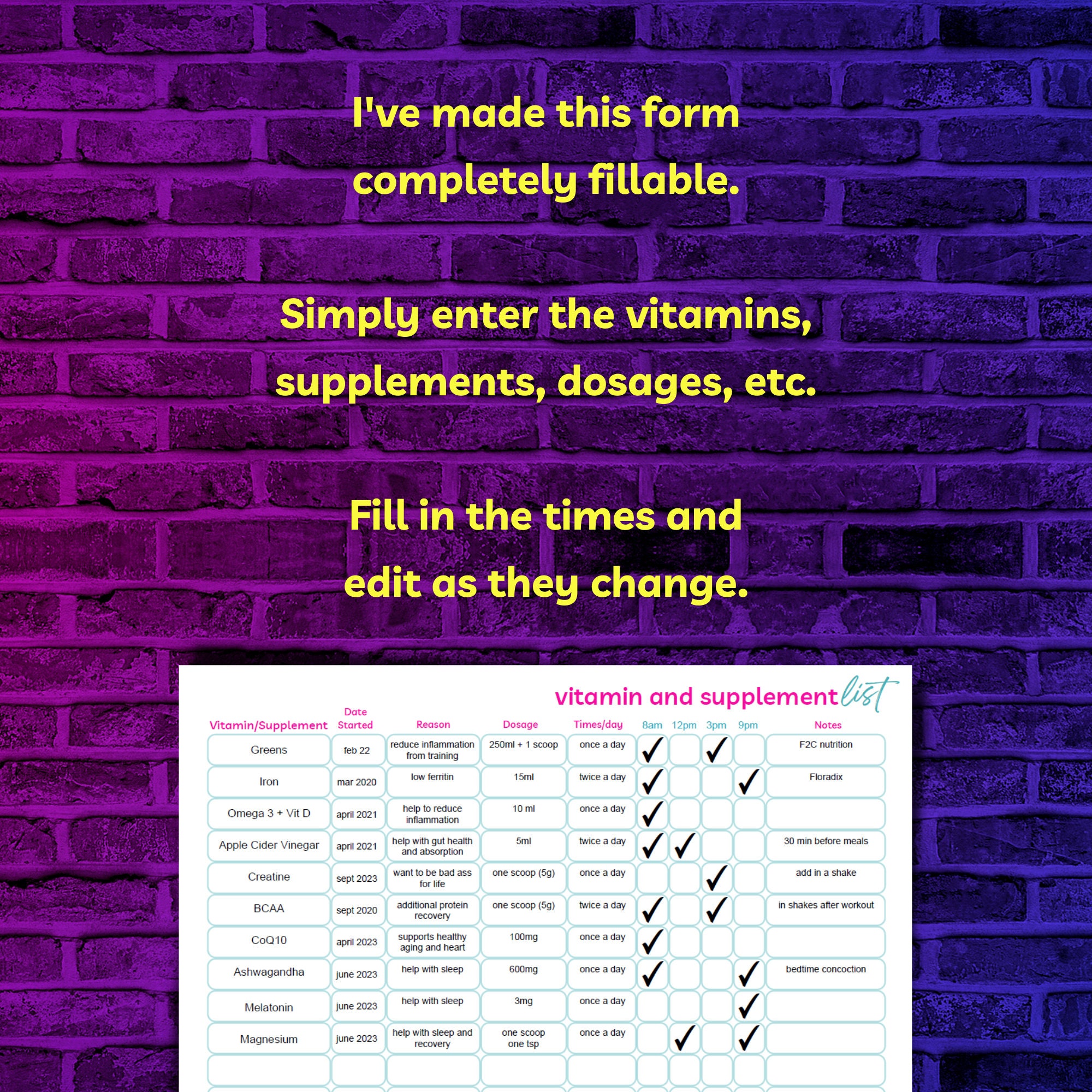 Daily Vitamin and Supplement Tracker, Vitamin List Fillable PDF ...