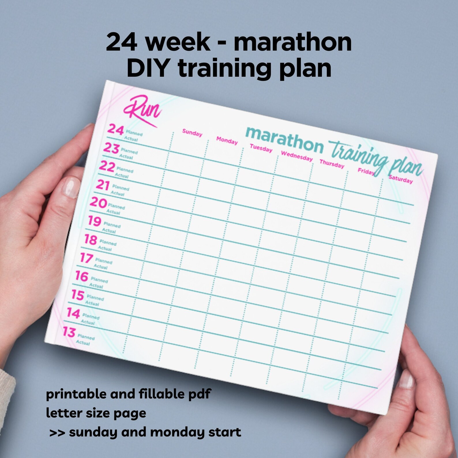 24-week Marathon Training Plan Template, Printable Fillable PDF - Etsy