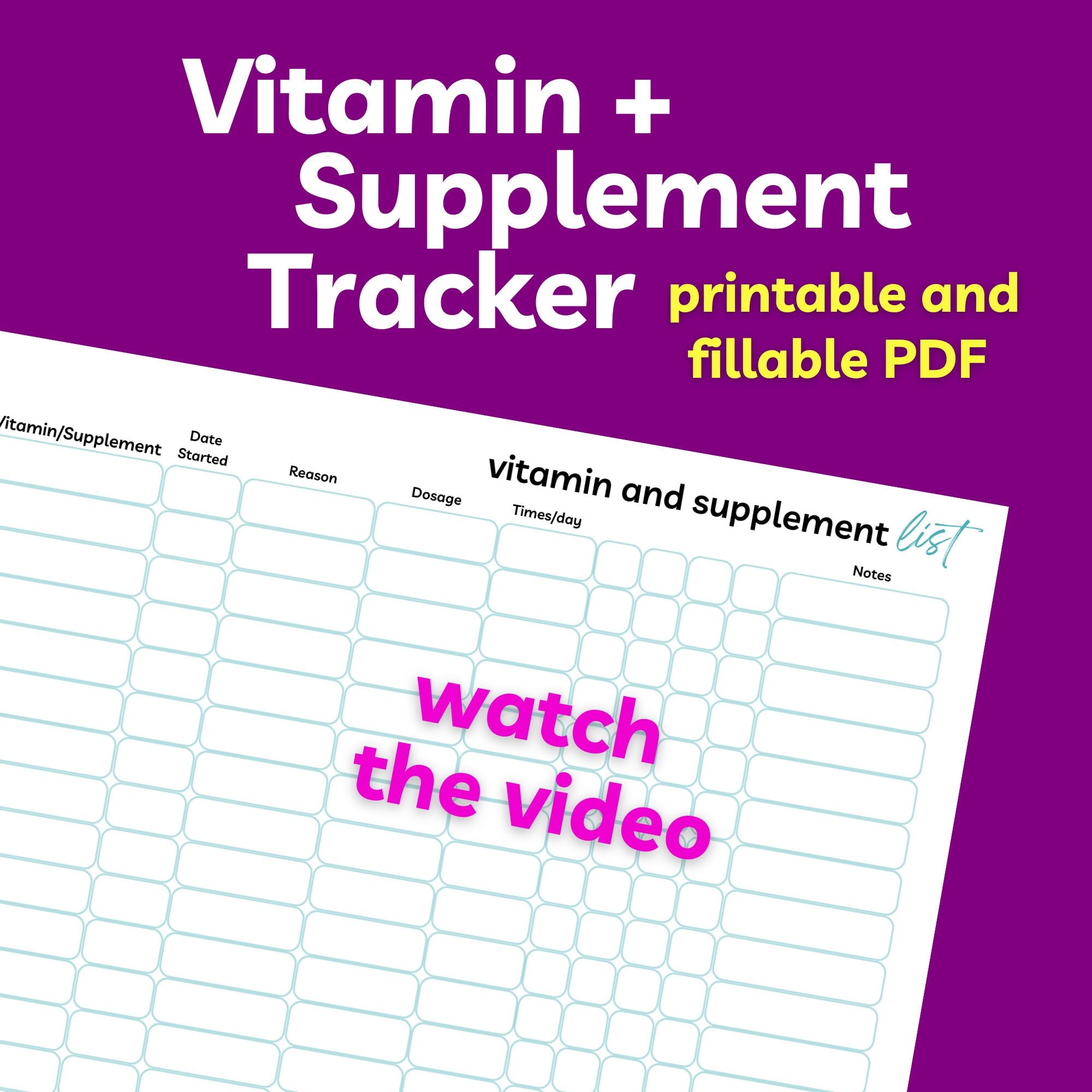 Editable Daily Vitamin and Supplement Tracker, Vitamin List Fillable ...
