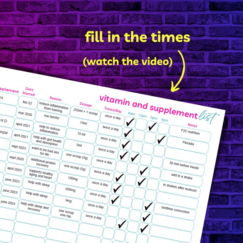Daily Vitamin and Supplement Tracker, Vitamin List Fillable PDF ...