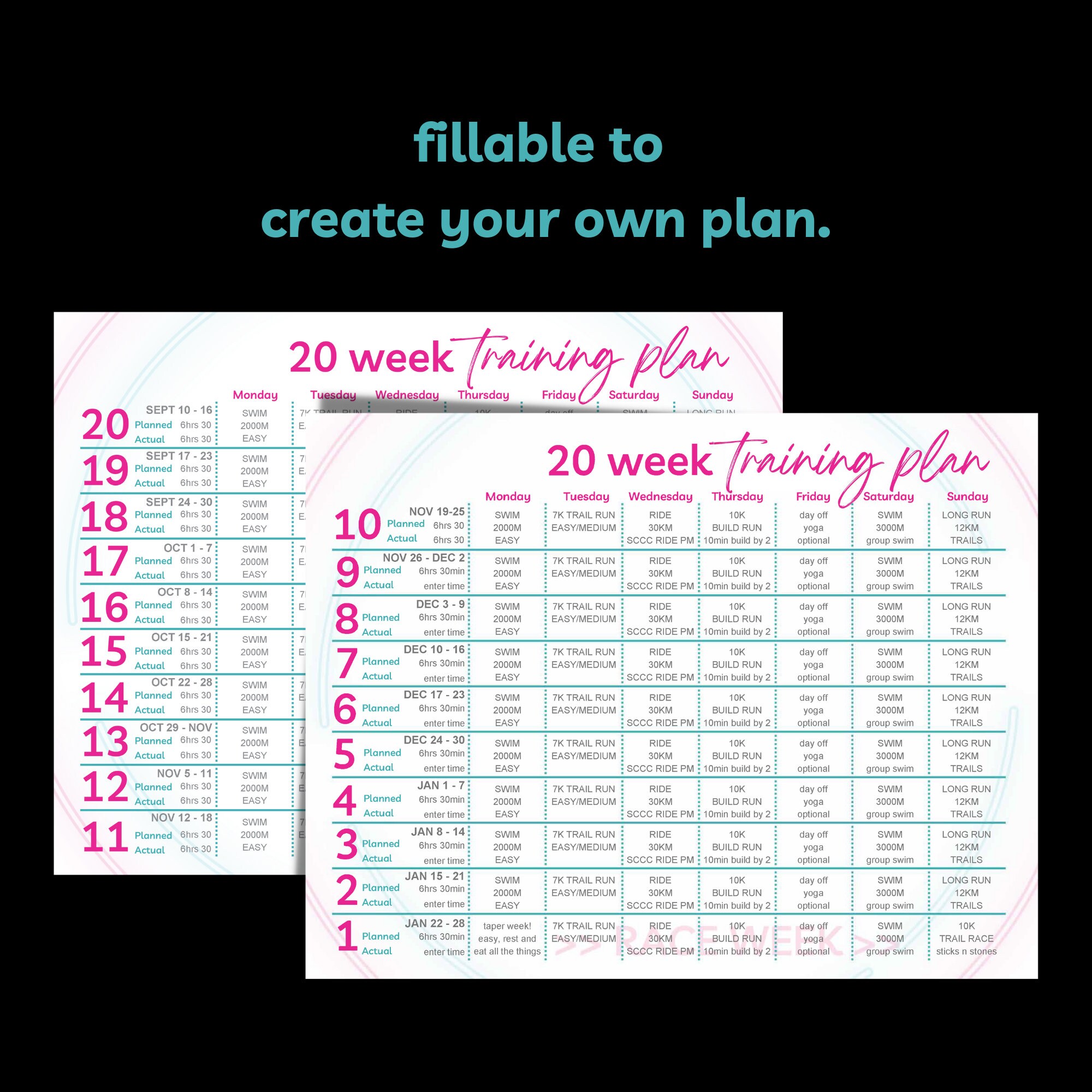 20-week Training Plan Template, Self Coached Athlete, Endurance Race ...