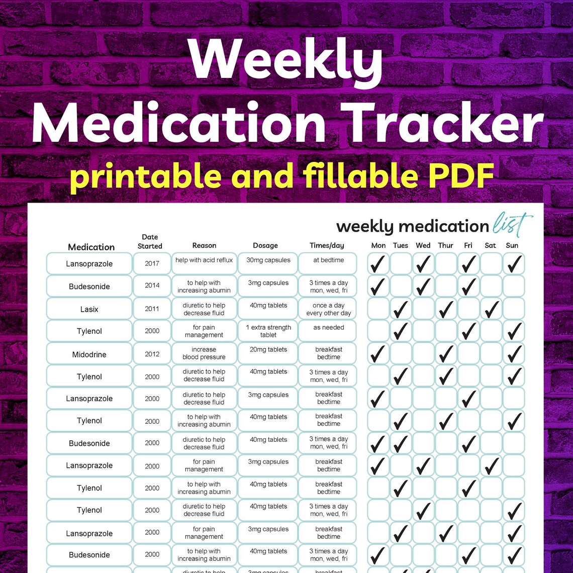 Editable Weekly Medication Log, Medication Tracker, Medication Fillable ...