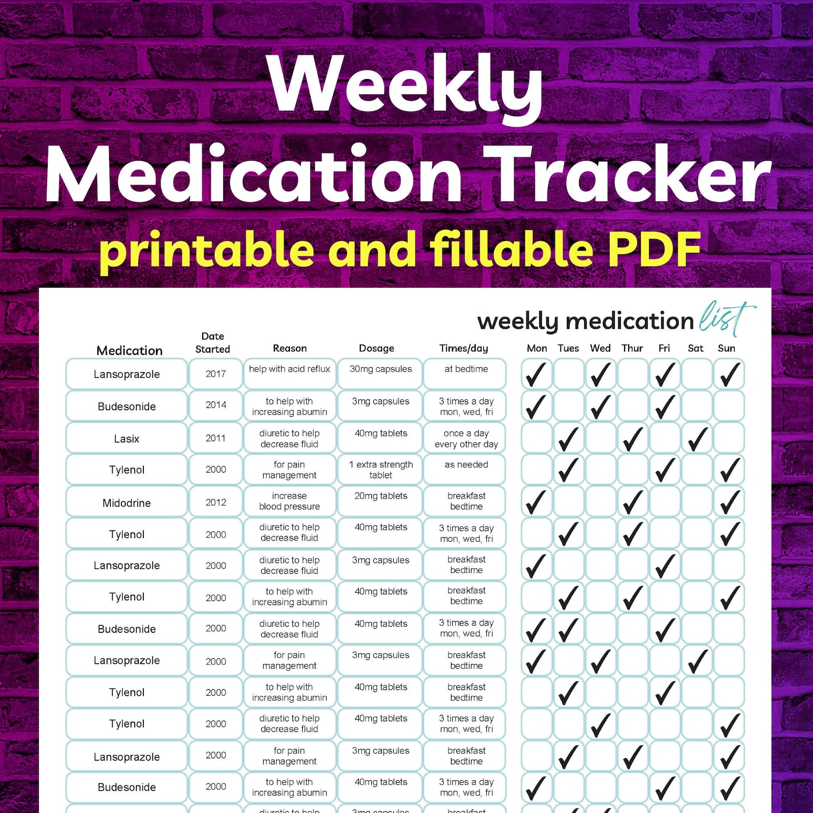 Editable Weekly Medication Log, Medication Tracker, Medication Fillable ...