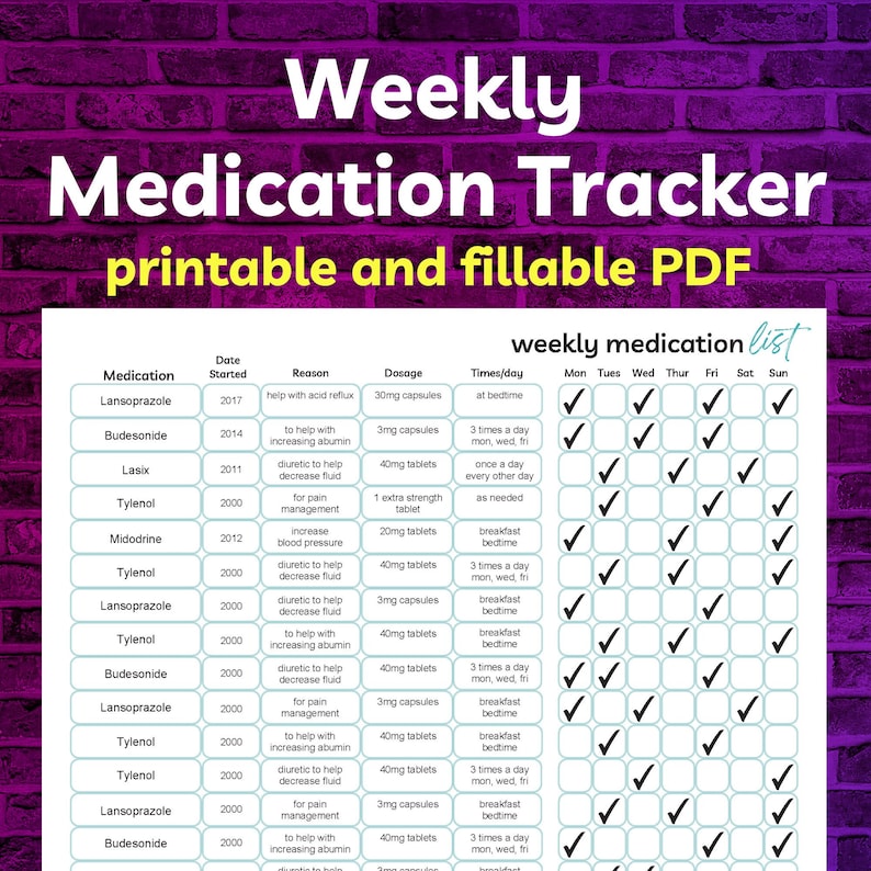 Editable Weekly Medication Log, Medication Tracker, Medication Fillable ...