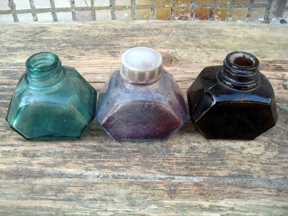 Vintage Ink Bottle. Antique Bottle. Blue and Brown Glass. SET - Etsy